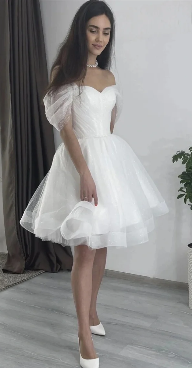 Knee Length White Sparkly Wedding Reception or Prom Dress — Lumina Brides